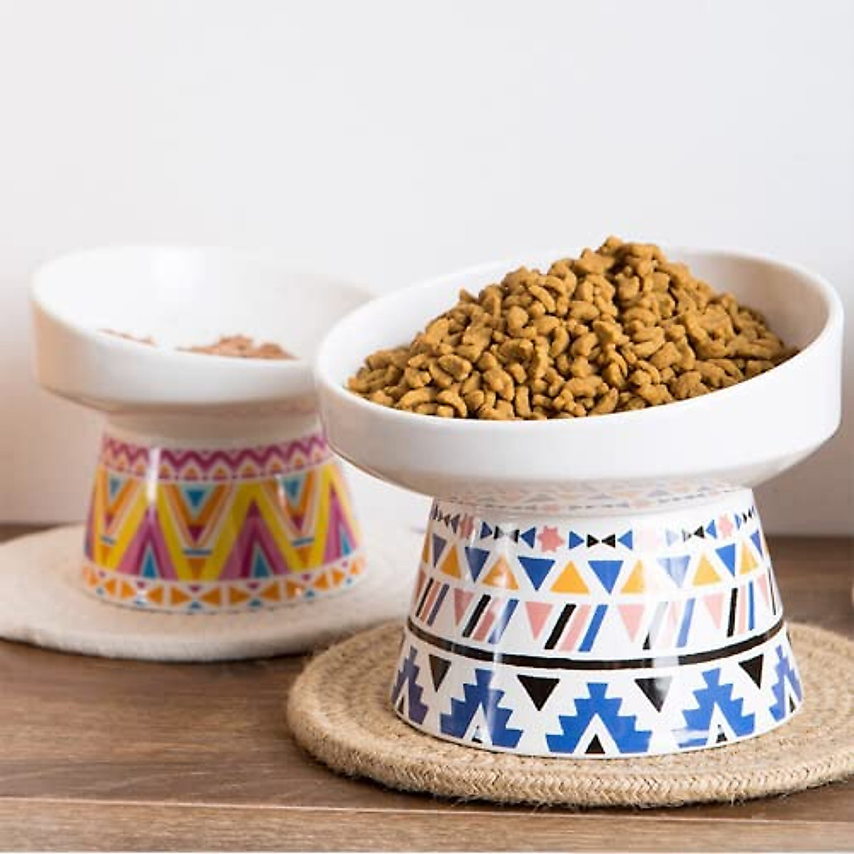 ACSUZ Ceramic Cat Food Bowl with Mat Cervical Protect Pet Food Drinking Bowl Ceramic Bowl Feeders for Pet Supplies,Blue,L