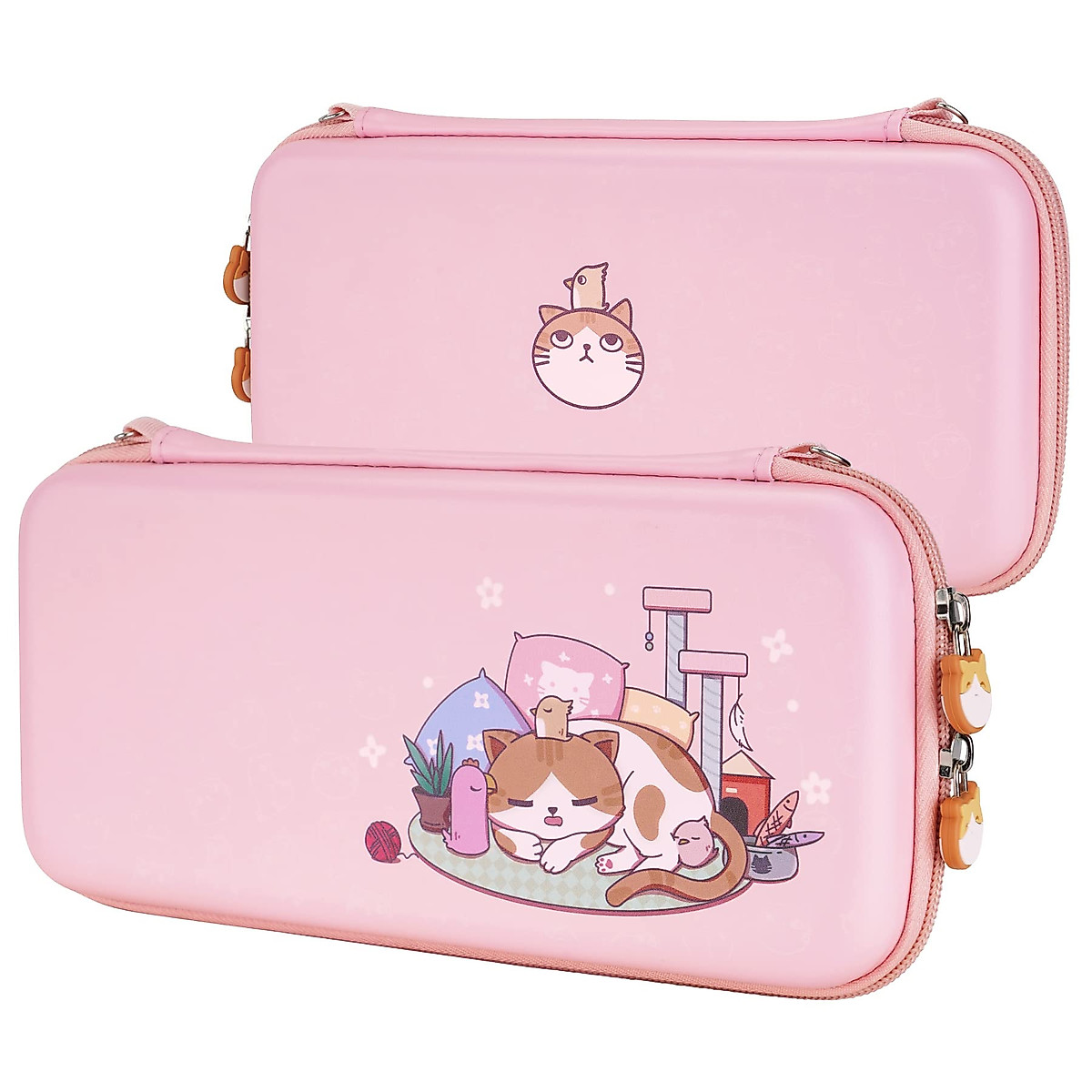 eXtremeRate PlayVital Pink Cute Carrying Case for Nintendo Switch Lite, Thumb Grip Caps + Kitten & Chicken Slim Travel Case for Switch Lite, Portable Hardshell Girl Storage Bag Game Accessories
