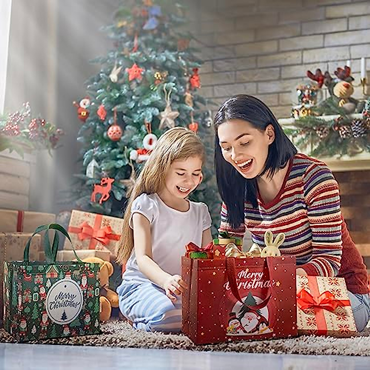 STYPOP Christmas Gift Bags 16 Pack Large Christmas Bags for Presents Reusable Christmas Party Bags Xmas Totes with Classic Designs - Perfect for Gifts,Decorations, And Parties