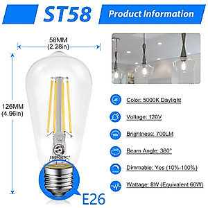 ENERGETIC Dimmable LED Filament Light Bulbs, High Brightness, 8W, 60 Watt Equivalent,ST58 ST18, Daylight 5000K, Classic Clear Glass, 4 Pack
