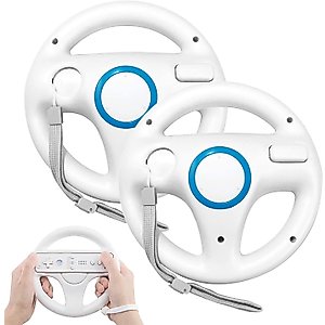 Steering Wheel for Wii Controller, 2 pcs White Racing Wheel Compatible with Mario Kart, GEEKLIN Game Controller wheel for Nintendo Wii Remote Game-White