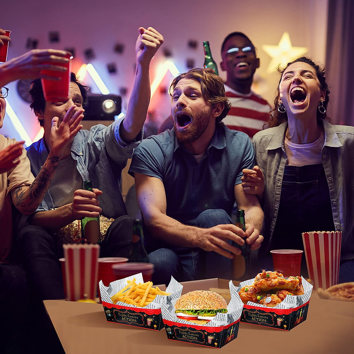 100 Pcs Movie Night Party Supplies Carnival 2 lb 50 Movie Paper Food Tray Party Bowl with 50 Waxed Deli Paper for Movie Decorations Movie Serving Tray Snack Popcorn Holder Assembled(Movie Style)