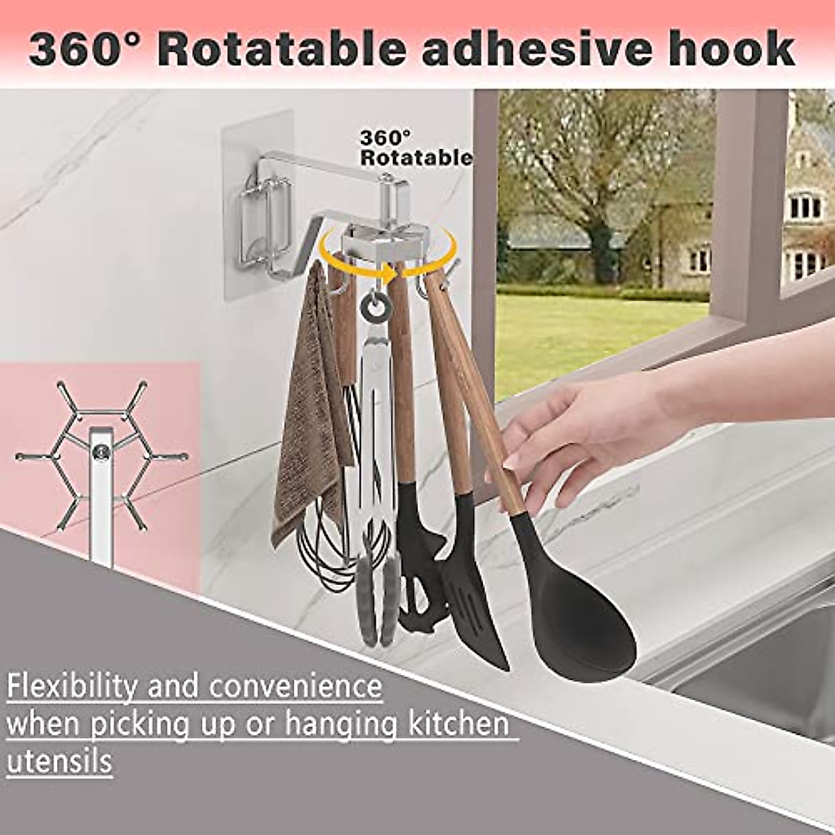 BDS-DELWINS Wall Mounted 360 Degree Rotating Hook,Self Adhesive 360 Degree Wall Hook,304 Stainless Steel Waterproof Hooks Heavy Duty,Utensil Hanger Hook for Bathroom,Utility Hook with 6 Hooks(Silver)