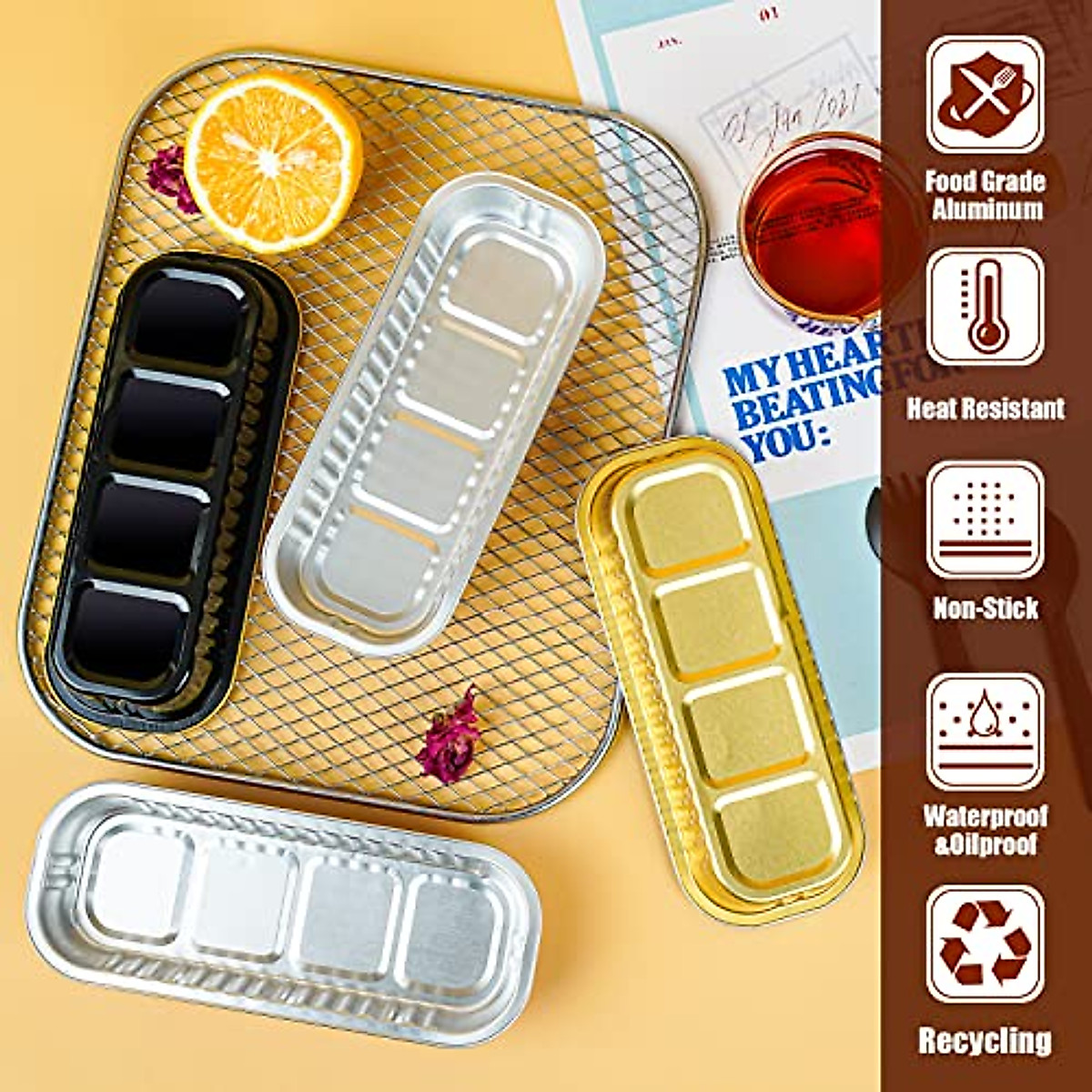 TECHMUR Mini Loaf Pans with Lids, 50 PC Aluminum Foil Disposable Baking Pans 6.8oz Rectangle Mini Cake Pans Cupcake Baking Cups For Cake Dessert Loaf Gold