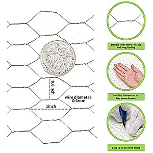 HONSREO Chicken Wire Fencing 16.9 Inch x 49.2 Ft, Poultry Wire Netting 0.6 Inch Hexagonal Galvanized Floral Fence Mesh for Pet Rabbit Coop