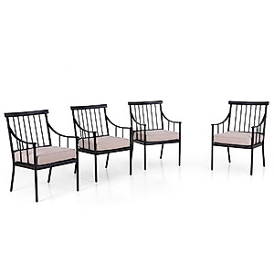 PHI VILLA Outdoor Metal Dining Chairs with Cushion, 300lbs Black Heavy Duty Weatherproof Chairs for Patio, Deck, Yard - Set of 4