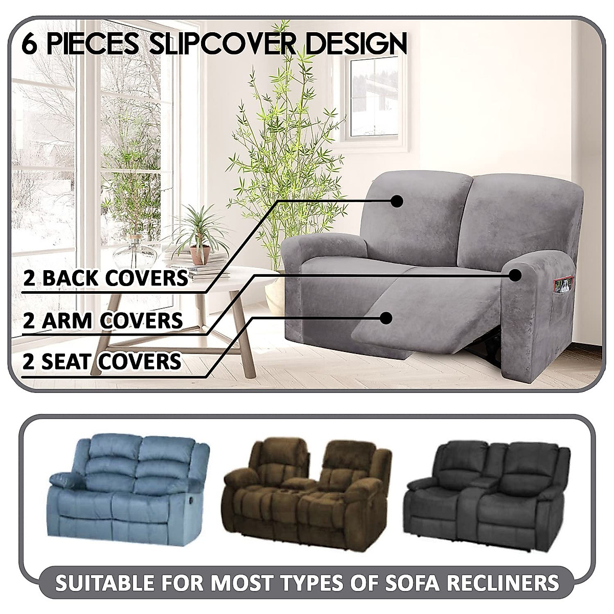 ULTICOR Reclining Love Seat Slipcover, 48" - 65" L, 6-Piece Velvet Stretch Loveseat Reclining Sofa Covers, 2 seat Love seat Recliner Cover, Thick, Soft, Washable (Light Grey)