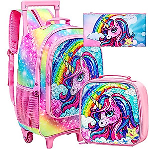 TXHVO 3PCS Rolling Backpack for Girls, Kids Rainbow Unicorn Bookbag with Roller Wheels, Cute Suitcase School Bag Set for Elementary Toddler