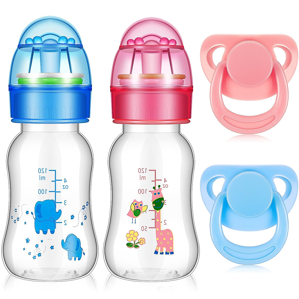 Jexine 4 Pieces Reborn Doll Accessories, Includes 2 Magnetic Pacifier and 2 Baby Doll Bottles Baby Alive Pacifier Feeding Bottle Gift for Baby Shower Birthday, Random Pattern, Pink and Blue (Cute)