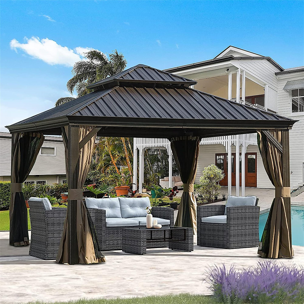 Evedy 12'x12' Hardtop Gazebo, Outdoor Aluminum Frame Canopy with Galvanized Steel Double Roof, Outdoor Permanent Metal Pavilion with Curtains and Netting for Patio, Backyard and Lawn