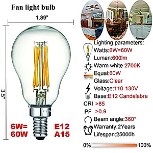 LiteHistory E12 led Bulb dimmable 6W Equal e12 Candelabra Bulb 60 watt A15 LED Bulb for Ceiling Fan,Chandeliers,Wall sconces Warm White 2700K 600LM AC120V Clear 6Pack