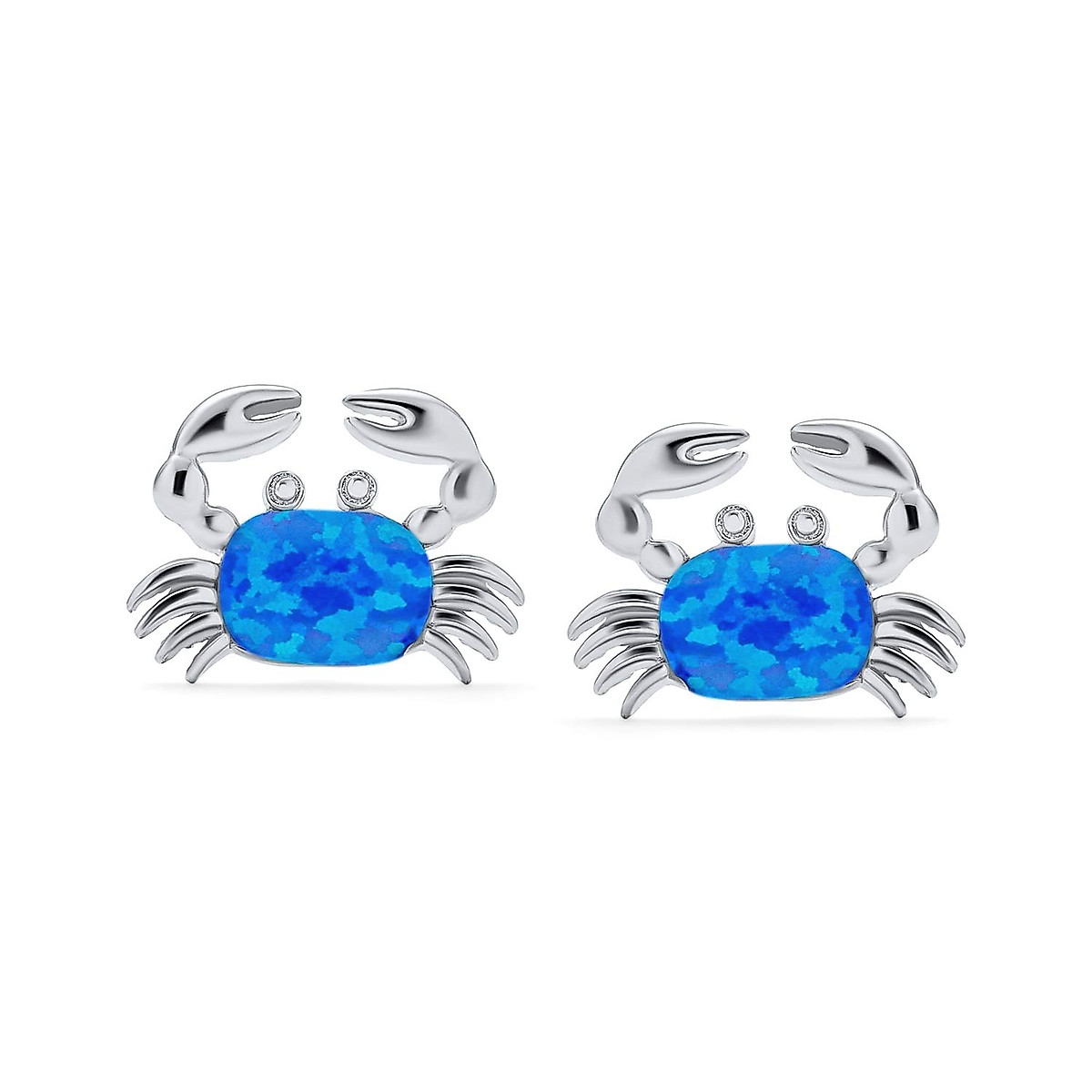 Small Gemstone Blue Tropical Vacation Nautical Created Opal Beach Sand Crab Stud Earrings For Women .925 Sterling Silver October Birthstone