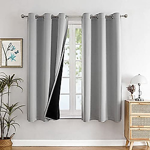 ChrisDowa 100% Blackout Curtains for Bedroom with Black Liner, 2 Thick Layers Total Blackout Thermal Insulated Grommet Window Curtains 63 Inch Length 2 Panels Set (Light Grey, 42 x 63 Inch)