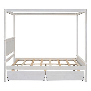CITYLIGHT Full Size Canopy Bed with 2 Storage Drawers, Wooden Canopy Platform Bed with Headboard, Four Post Bed (Brushed White)