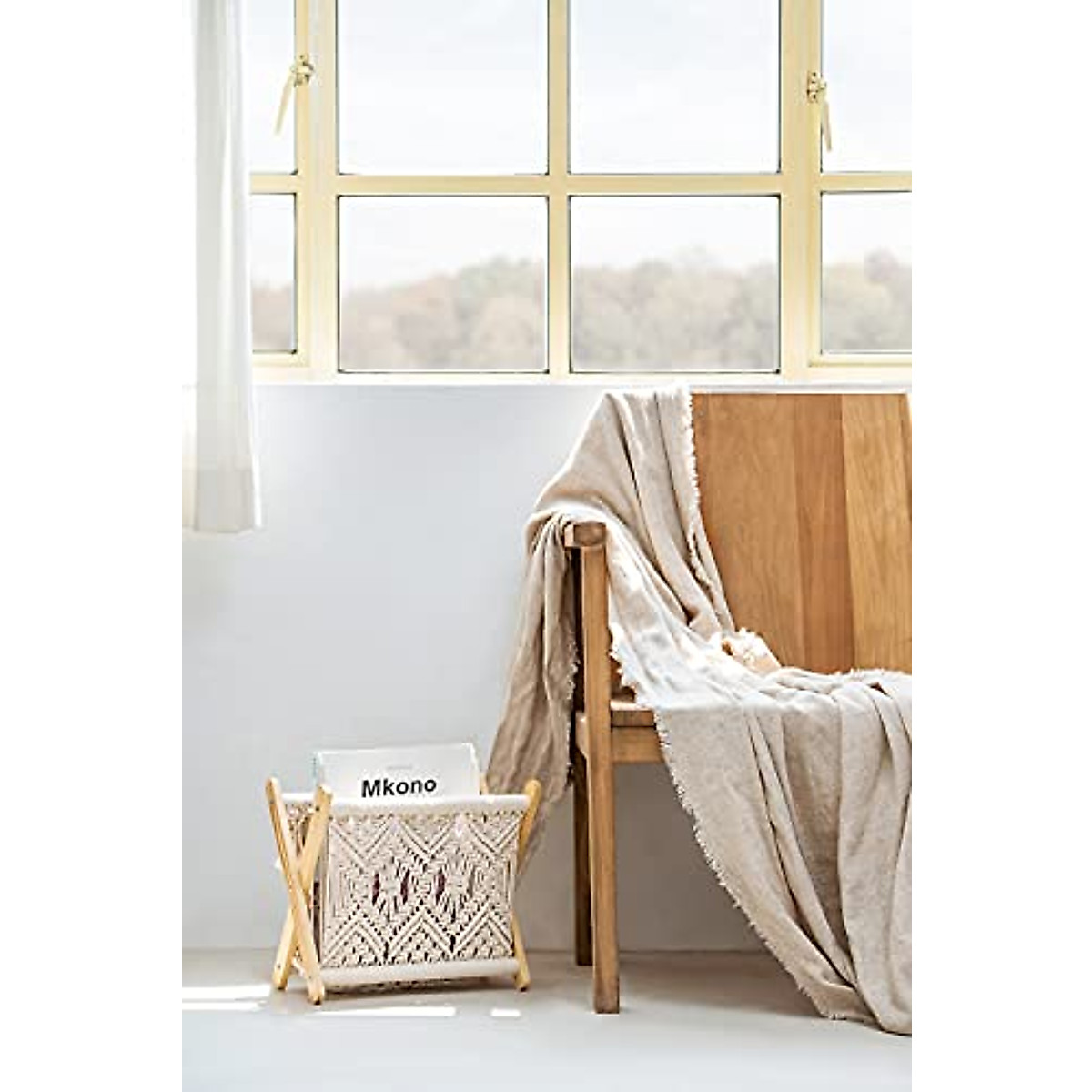 Mkono Macrame Magazine Rack Boho Magazine Holder Storage Standing Basket for Books, Newspapers, Swaddle Blanket, Living Room, Bathroom, Office, Nursery, Home Decor, Medium Size, 14’’L x 10’’W