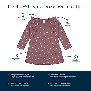 Gerber Baby Girls' Toddler Long Sleeve Dress with Ruffle Detail, Pink Daisies, 12 Months