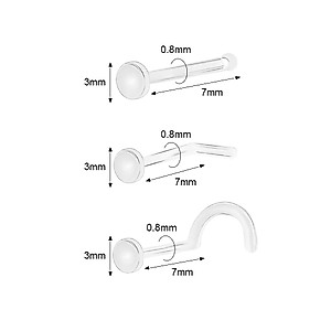 6ixGosh 20g Small Clear Nose Studs L Shaped Corkscrew Clear Nose Rings for Work Sport, Bioflex Plastic Nose Rings for Surgery, Ball Flat Invisible Nose Stud, Plastic, plastic