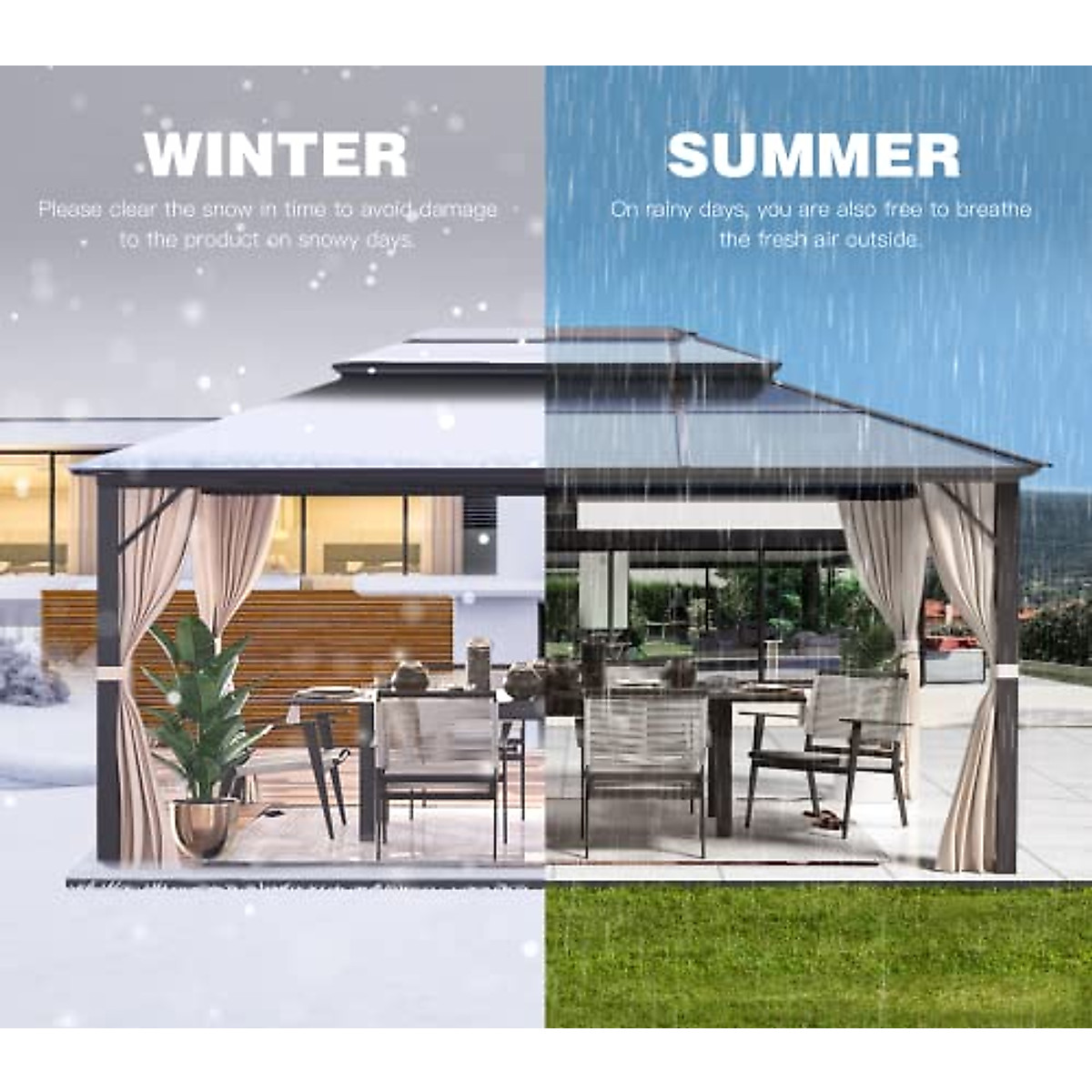 YOLENY 10'x13' Hardtop Gazebo, Outdoor Polycarbonate Double Roof Canopy, Aluminum Frame Permanent Pavilion with Curtains and Netting, Sunshade for Garden, Patio, Lawns