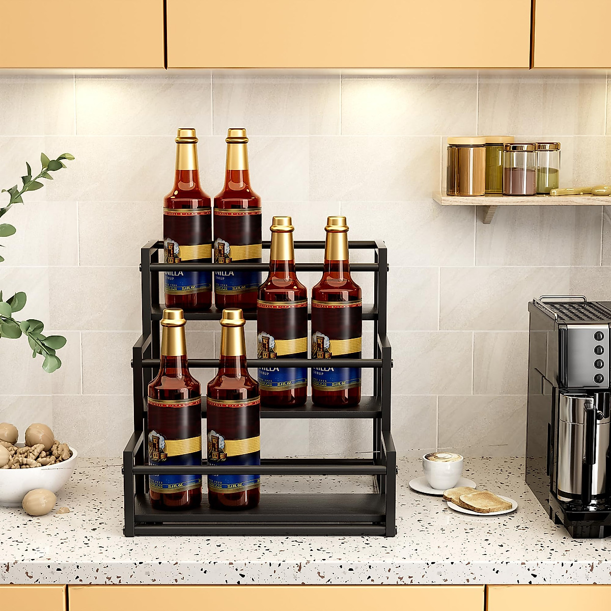 ZGO 3 Tier Coffee Syrup Rack for Coffee Bar, Water Bottle Organizer for Cabinet, Simple Syrup Bottles Coffee Station Organizer for Countertop, Coffee Bar Accessories and Organizer(Black)