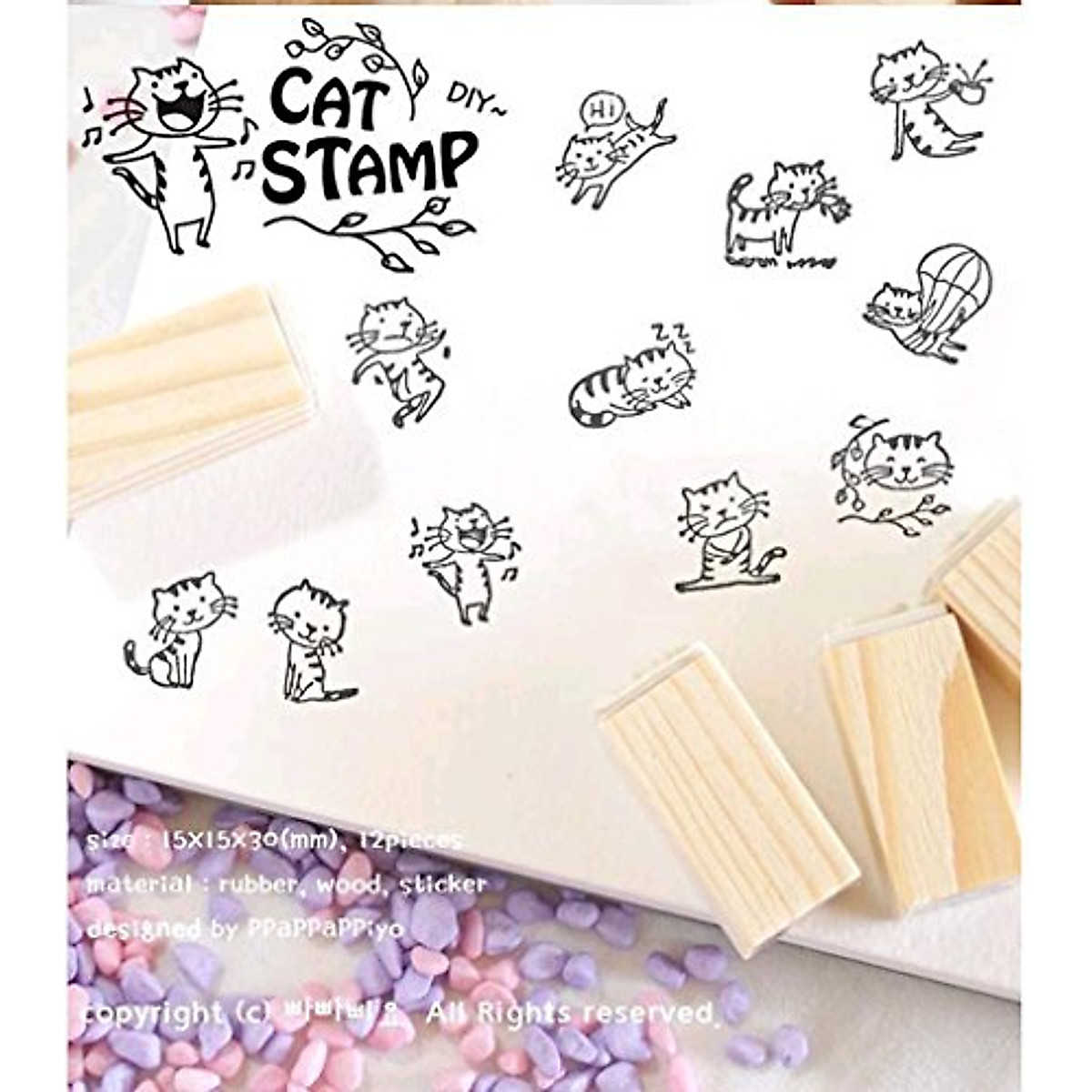 Youkwer 12 Pcs Mini Cute Wooden Rubber Stamps Set For Letters,Diary Craft,Scrapbooking in Matchbox（Vintage Lovely Cat）
