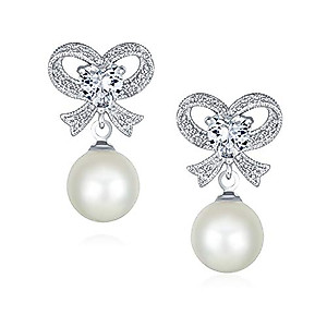 Victorian Style Cocktail Delicate Romantic Wedding Bridal Ribbon Cubic Zirconia White Simulated Pearl CZ Pave Bow Stud Drop Earrings For Women Silver Plated