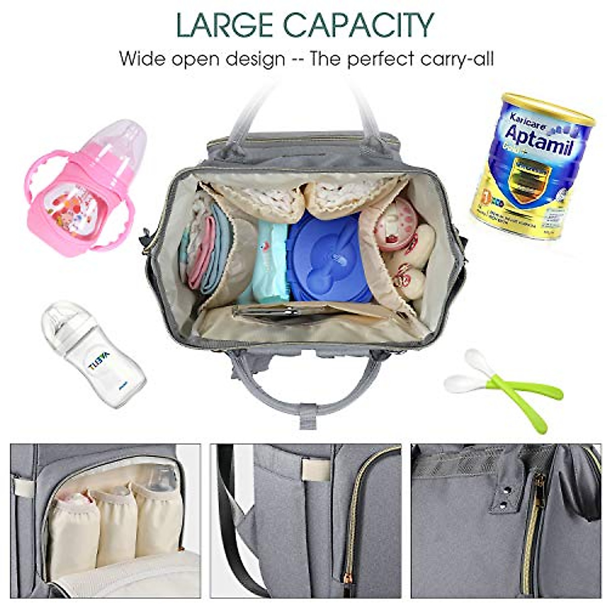 Iduola Diaper Bag Backpack, Multifunction Back Pack with 2 D Rings & Pacifier Case, Large Capacity Waterproof Portable Maternity Baby Nappy Bag, Unisex and Stylish (Gray)