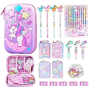 LiYiQ Pencil Case For Girls Boys,Kids Cute Pencil Case Pink Pencil Pouch for Kids,Pens Erasers Non- Sharpening Stackable Pencils Sticky Notes Stickers, Back to School Gifts (Unicorn)