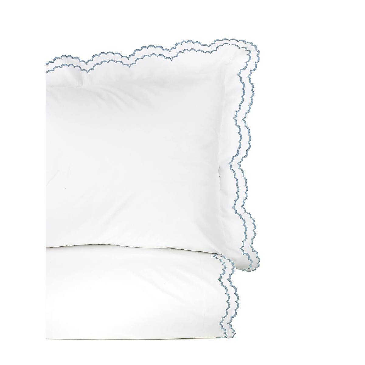 Double Scalloped Percale Weave Embroidered Full and Queen Size White Duvet Set 300 Thread Count 100% Cotton - Cool Crisp - Luxury Hotel Bedsheet - Oeko Tex Certified Deep Pocket - Blue Piping on Edges