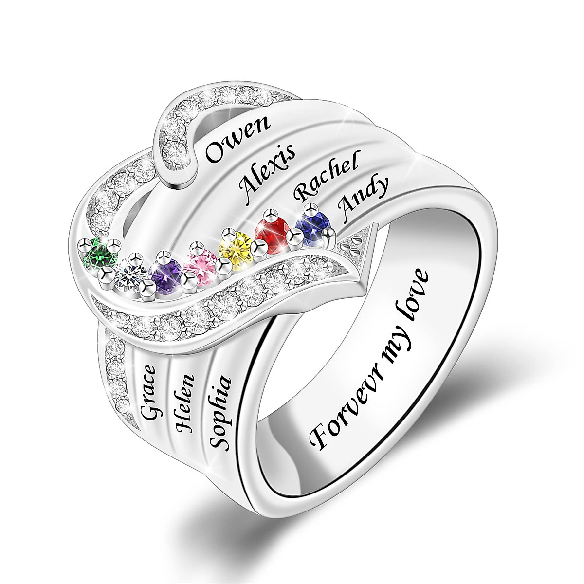 Her Gift Personalized Mother Rings with 1-8 Birthstones Heart Family Ring Custom Engraved Name Ring for Mom Women Grandma Wife (7 Names & Birthstones)