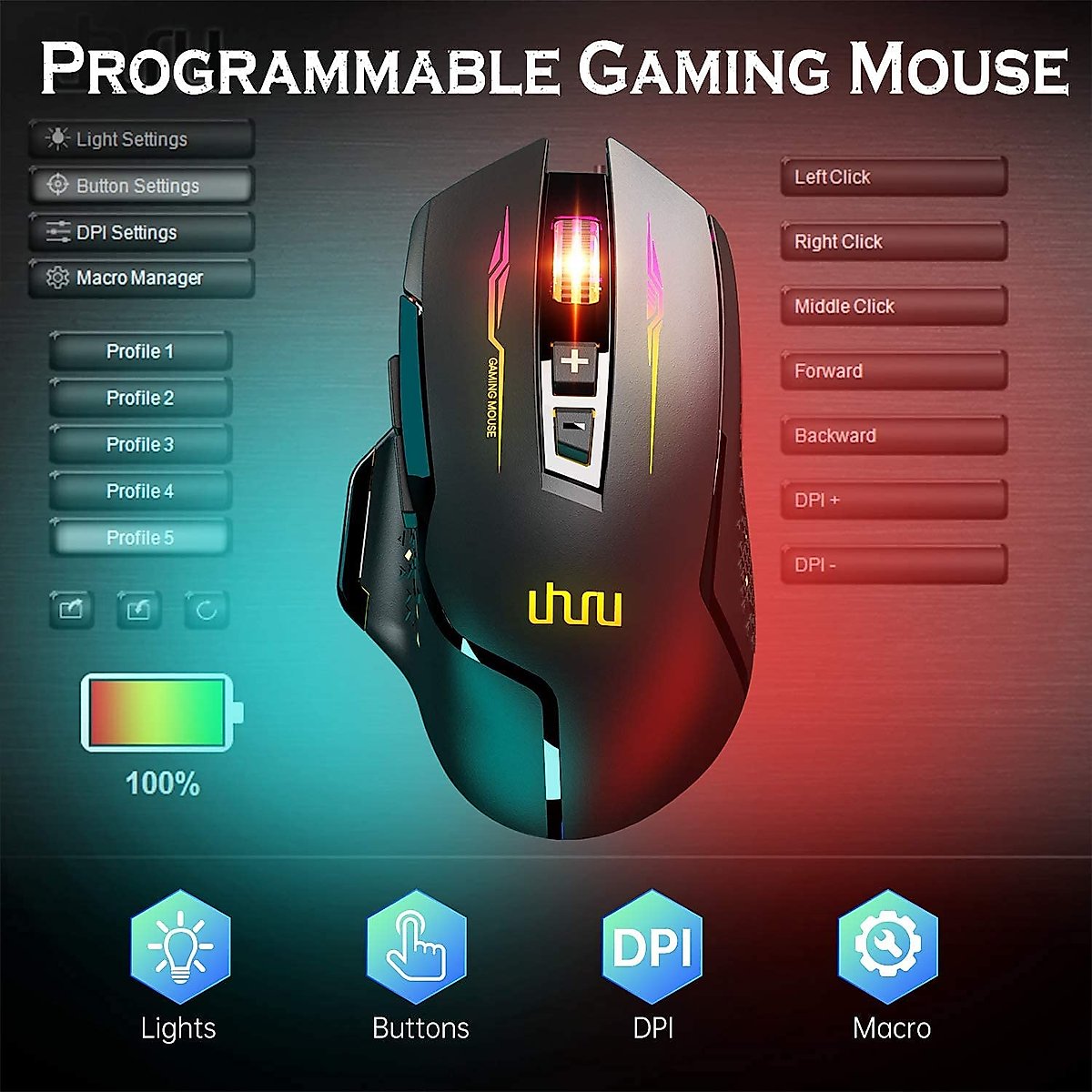 UHURU Wireless Gaming Mouse, Wired and Wireless Dual Modes Rechargeable RGB Gaming Mouse with 7 Programmable Buttons, Ergonomic and 5 Adjustable DPI Levels up to 10000 DPI for PC Laptop Gamer （WM-07）
