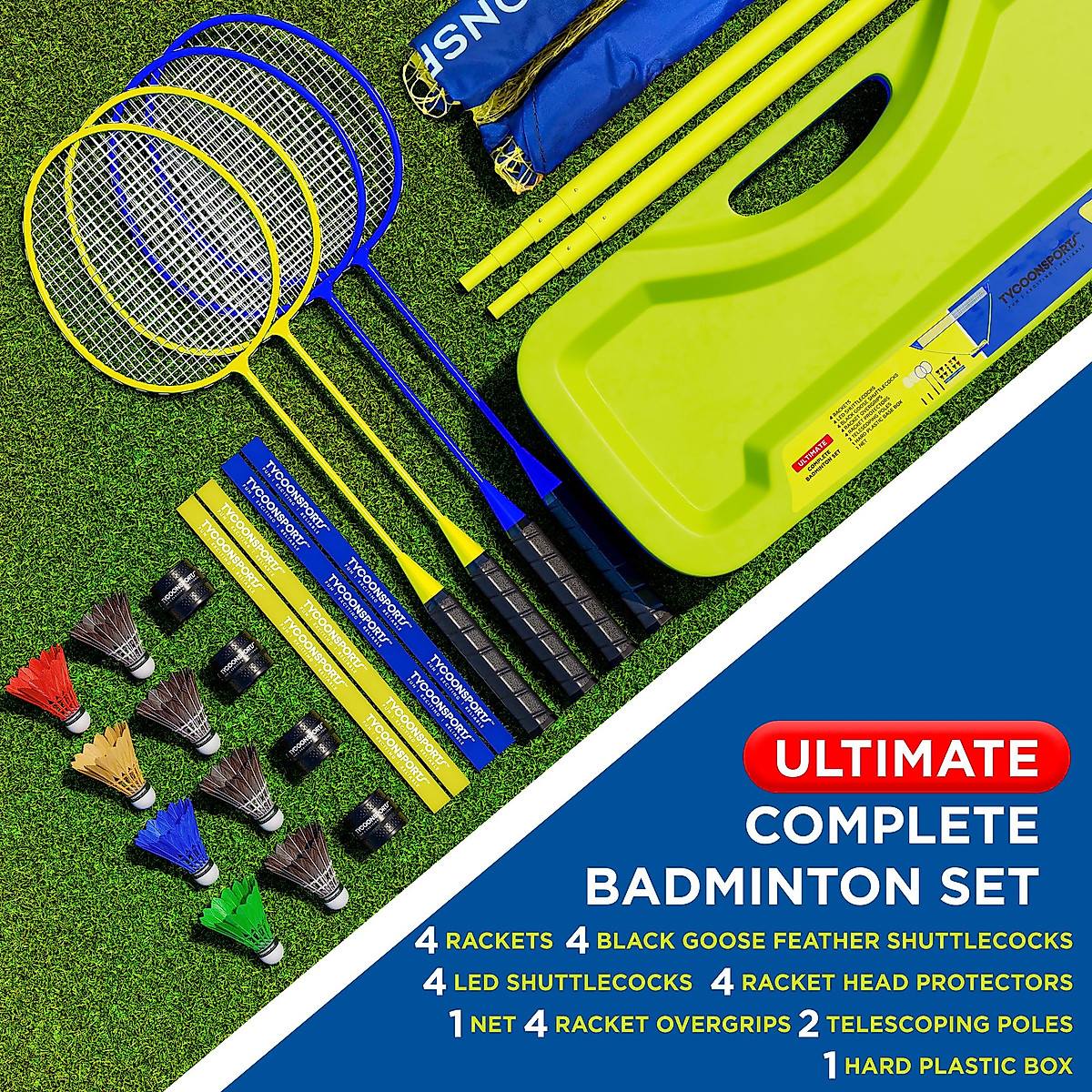 Complete Badminton Set | Portable Badminton Net with Stand 10 x 5 | 4 Badminton Rackets | 4 Over-Grips | 4 Racket Protectors | 8 Badminton Birdies (4 LED & 4 Goose-Feather) | 1 Hard Carry Case