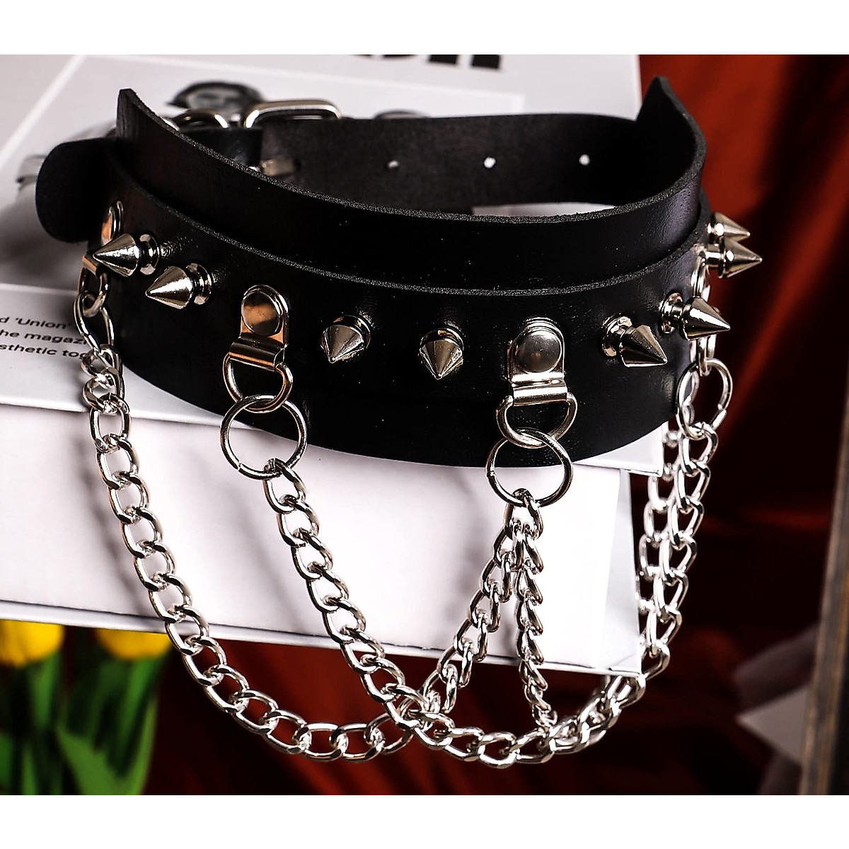 Manfnee Punk Goth Rock Collar for Women Men Leather Spike Chain Vintage Necklace Adjustable Black