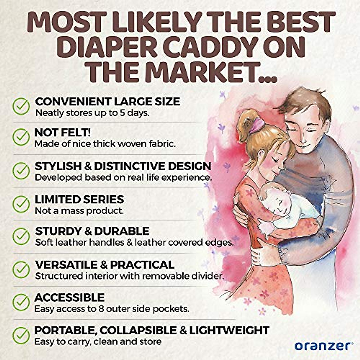 Baby Diaper Caddy Organizer - Grey Nursery Essentials Storage - Portable Basket for Car - Newborn Nursery Décor and Changing Table Accessory