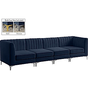 Meridian Furniture Alina Collection Velvet Upholstered Modular Sofa with Deep Channel Tufting, 119" Wide, Navy
