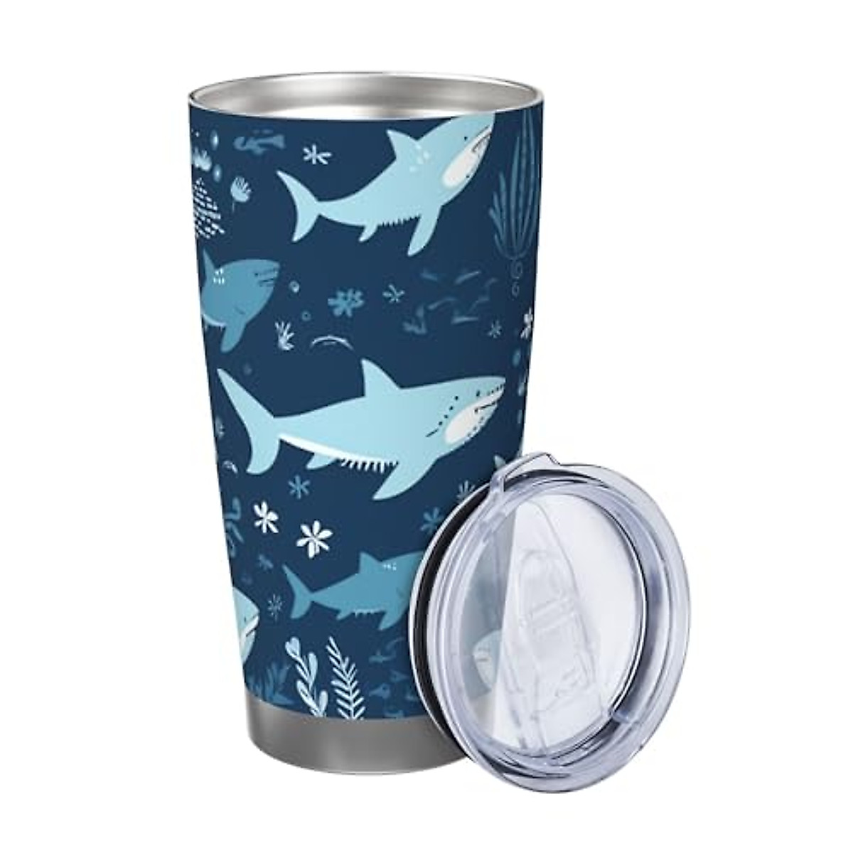 Sharks Tumbler with Lid and Straw 20oz Stainless Steel Car Cup for Hot and Cold Drinks, Double Wall Insulated Travel Coffee Mug Reusable Drink Thermos Cup Birthday Gifts