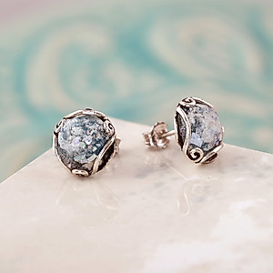 Paz Creations Women's 925 Sterling Silver Roman Glass Patina Stud Earrings - Handcrafted Round-Cut Ball Earring - Unique Natural Organic Jewelry For Her