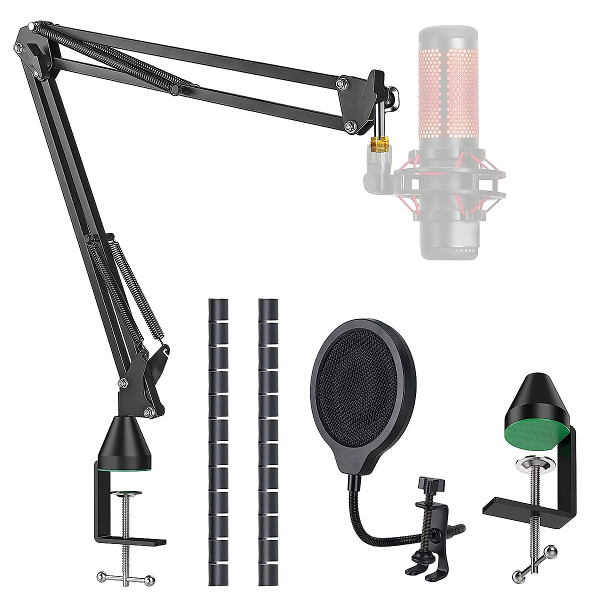 YOUSHARES Upgraded Quadcast Mic Stand with Pop Filter - Scissor Mic Boom Arm and 3 Layers Windscreen Compatible with HyperX Quadcast S Microphone to Improve Sound Quality