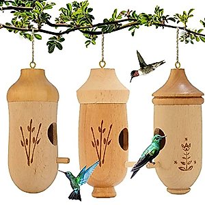 2023 Bird houses- Natural Wooden for Outside Hanging, hummingbird Swinging Nest for Garden Window Outdoor Home, 3 Packs