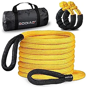 GODIAG 1"×20ft Kinetic Recovery Rope (33000lbs) Heavy Duty Energy Tow Rope with 2 Soft Shackles, Offroad Power Stretch Snatch Rope for Truck Jeep Car ATV UTV Tractor