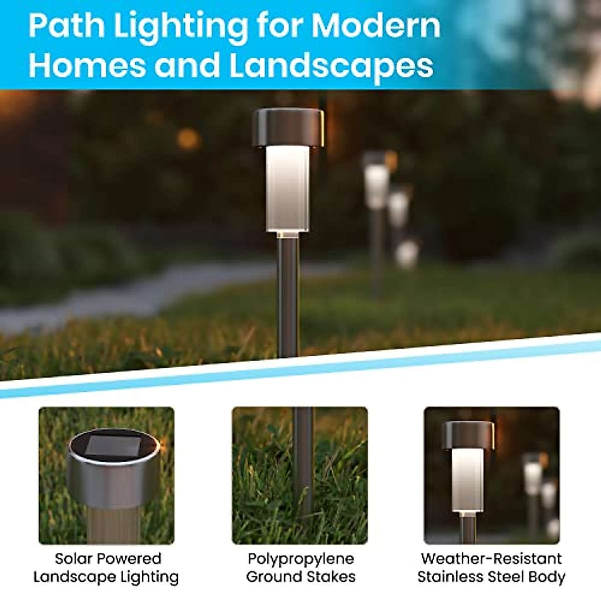 Flash Furniture DN-SL104-12-SS-GG 12 Pack Stainless Steel LED, Weather Resistant Outdoor Solar Powered Lights for Pathway, Garden, & Yard