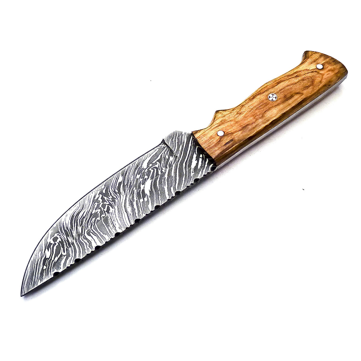 Nooraki REG-48 Hunting/Skinner Damascus Steel Handmade Knife 11 Inches Full Tang with Leather Sheath, Olive Wood