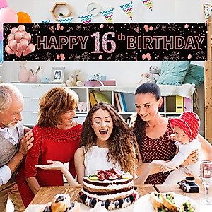 Pimvimcim Large Happy 16th Birthday Banner Sign - Rose Gold 16th Birthday Decor for Girls Party Decor Supplies Photo Booth Backdrop(9.8x1.6ft), Rose gold 16th birthday banner(9.8x1.6ft)