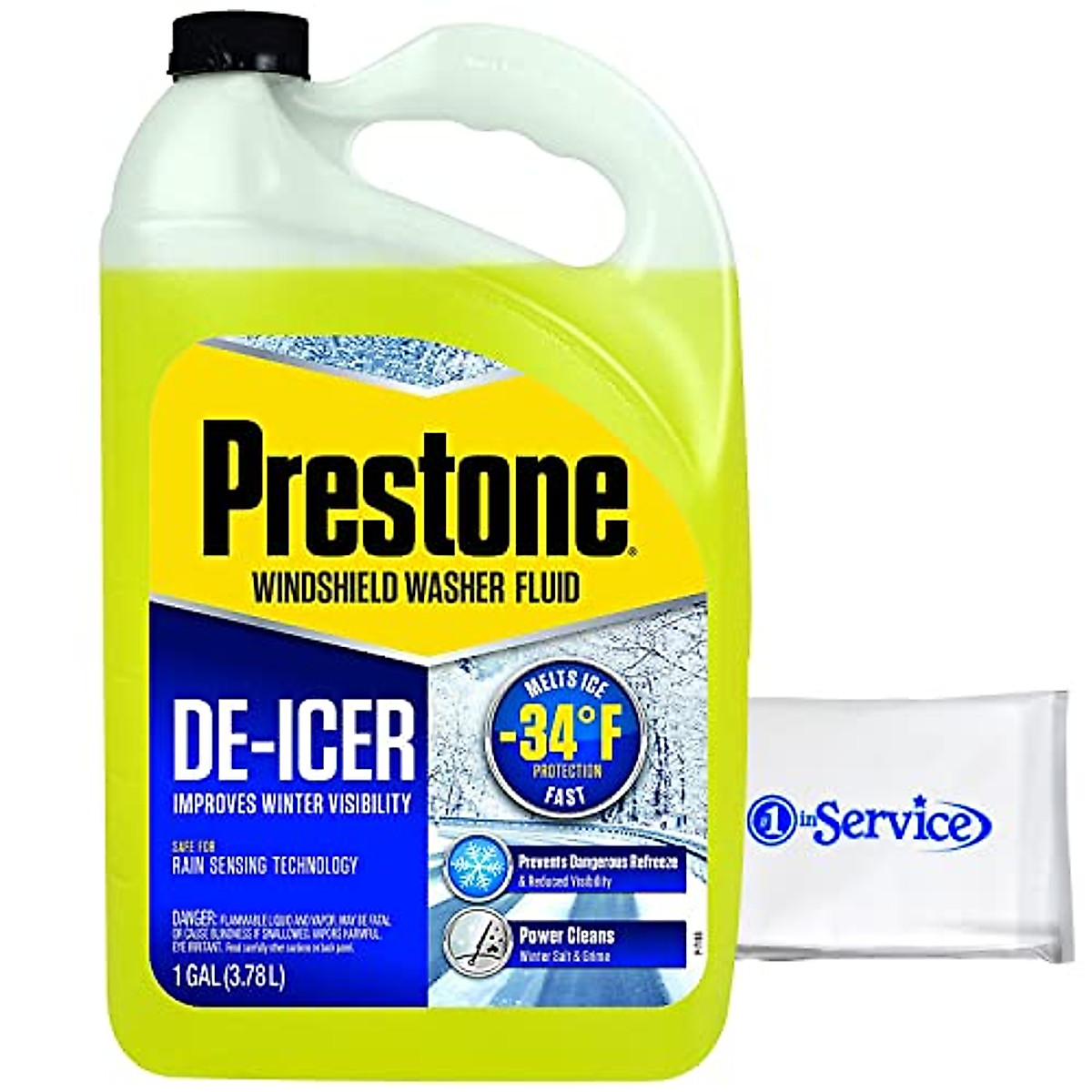 Prestone AS253 De-Icer Winter Windshield Washer Fluid, Freeze Protection up to -34°F, Power Cleans Winter Salt and Grime, Deices & Prevents Dangerous Refreeze, Streak Free & Glare Free, Safe for Rain Sensing Wipers, 1 Gallon Includes NOIS Tissue Pack