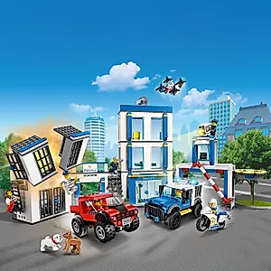 LEGO 60246 City Police Station Building Set with 2 Truck Toys, Light & Sound Bricks, Drone and Motorbike