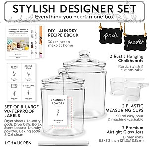 Arjust Glass Jars for Laundry Room Organization Jars Half Gallon Laundry Pods Container with Scoops Labels Chalkboards eBook Laundry Jars for Detergent Powder Dryer Balls Scent Boosters Dryer Sheets