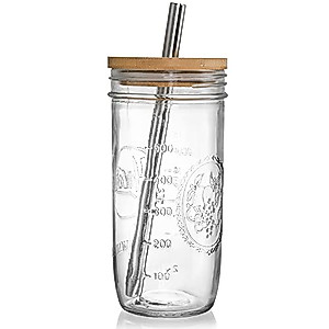 Peohud 4 Pack Mason Jars Cups with Lids and Straws, 22 Oz Reusable Smoothie Bubble Tea Cups, Wide Mouth Mason Jar Drinking Glasses Tumbler with Bamboo Lids for Juice Coffee Cocktail Milkshake