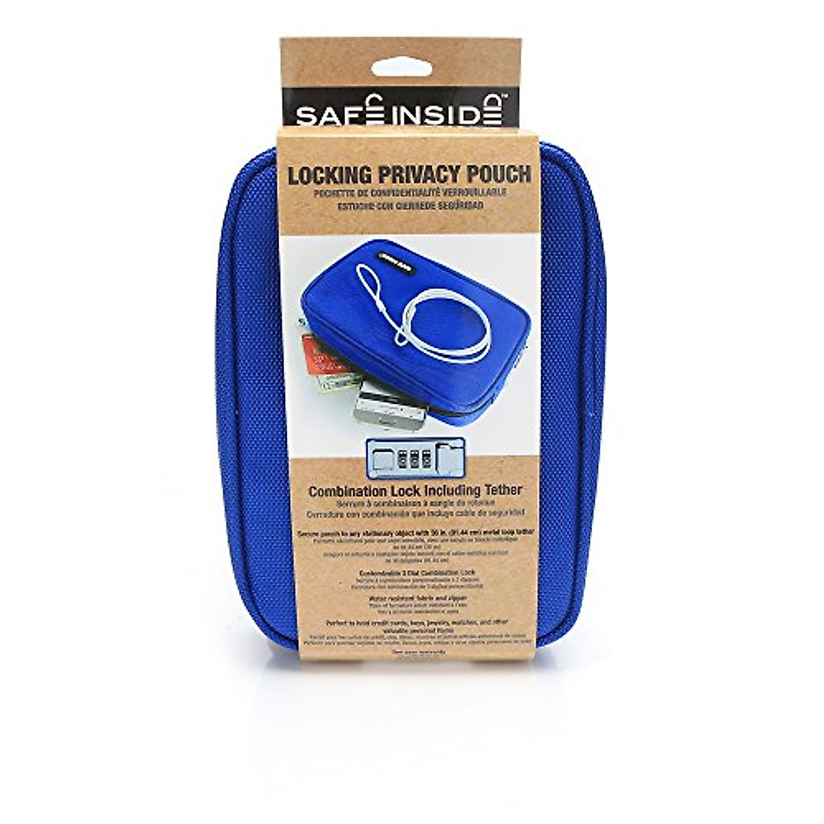 Safe Inside, Locking Privacy Pouch with Steel Tether Cable, Medium, Blue