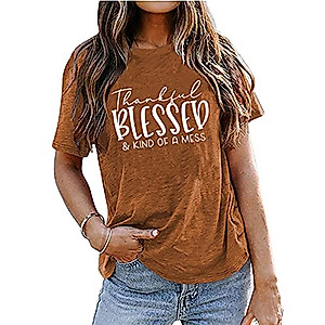 Thankful Blessed and Kind of A Mess T Shirt for Women Thanksgiving Shirts Short Sleeve Fall Tops Tees (Orange, XX-Large)