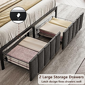 MEIJUJIA Queen Bed Frame with 2 Storage Drawers and LED Lights Headboard, Upholstered Bed Frame Queen Size with Charging Station, No Box Spring Needed, Easy Assembly - Grey