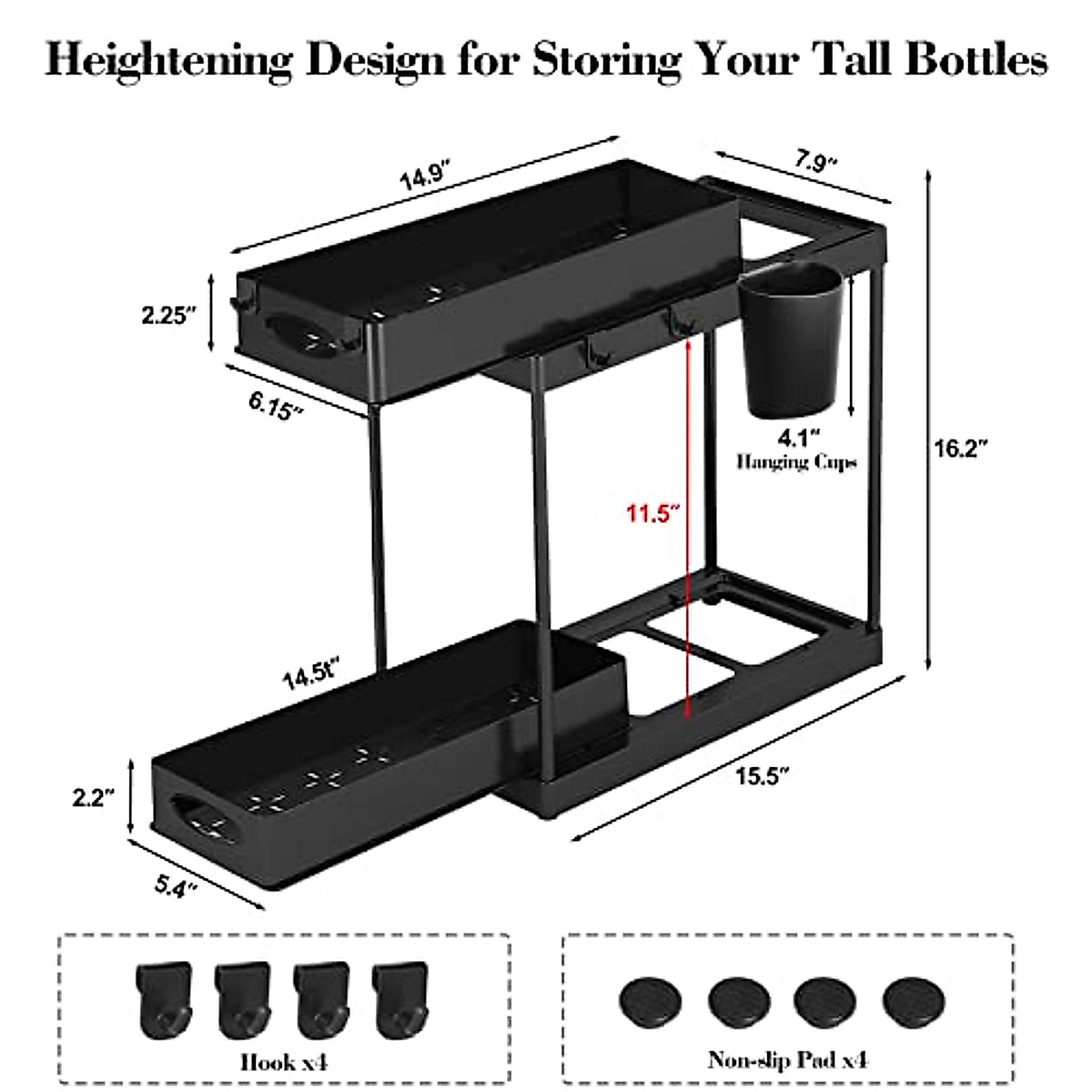 GzfunTeng Under Kitchen Sink Organizer and Storage, 2 Tier Sliding Bathroom Organizer, Pull Out Cabinet Organizer with 4 Hooks, 1 Hanging Cups, Finishing Storage Rack